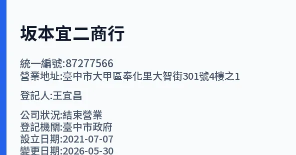 坂本宜二商行的照片-統編 87277566(臺中市) 公司登記資料與營業項目詳細圖表