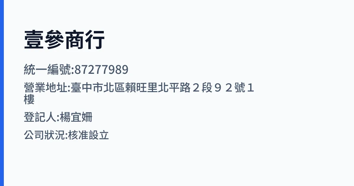 壹參商行 - 統編 87277989(臺中市) 公司登記資料與營業項目詳細圖表