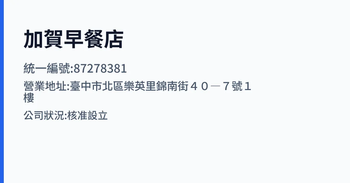 加賀早餐店 - 統編 87278381(臺中市) 公司登記資料與營業項目詳細圖表
