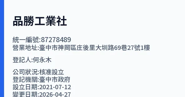 品勝工業社的照片-統編 87278489(臺中市) 公司登記資料與營業項目詳細圖表