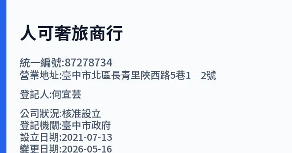 人可奢旅商行的照片-統編 87278734(臺中市) 公司登記資料與營業項目詳細圖表