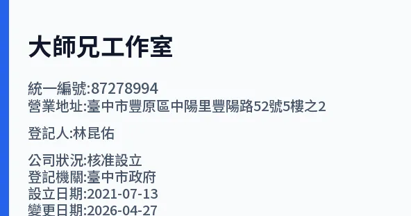 大師兄工作室的照片-統編 87278994(臺中市) 公司登記資料與營業項目詳細圖表