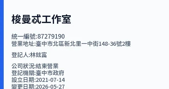 梭曼忒工作室的照片-統編 87279190(臺中市) 公司登記資料與營業項目詳細圖表