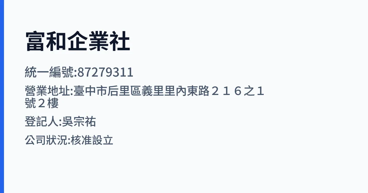 富和企業社 - 統編 87279311(臺中市) 公司登記資料與營業項目詳細圖表