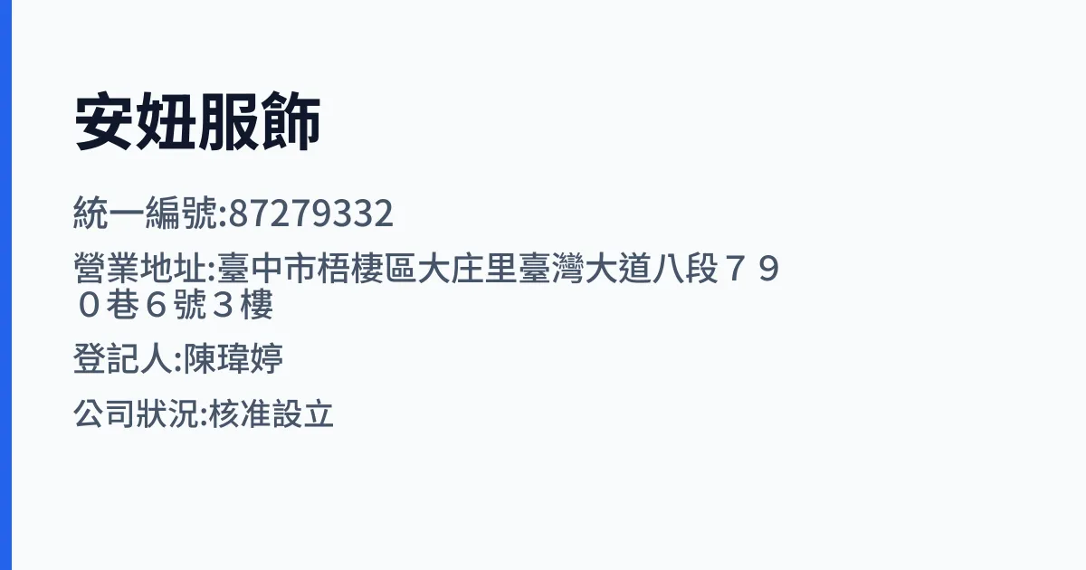 安妞服飾 - 統編 87279332(臺中市) 公司登記資料與營業項目詳細圖表