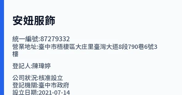 安妞服飾的照片-統編 87279332(臺中市) 公司登記資料與營業項目詳細圖表