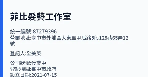 菲比髮藝工作室的照片-統編 87279396(臺中市) 公司登記資料與營業項目詳細圖表