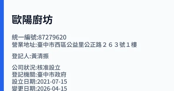歐陽廚坊的照片-統編 87279620(臺中市) 公司登記資料與營業項目詳細圖表