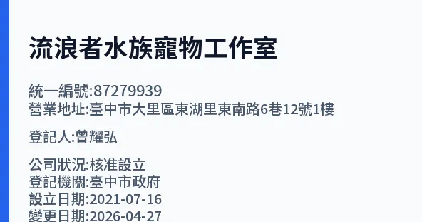流浪者水族寵物工作室的照片-統編 87279939(臺中市) 公司登記資料與營業項目詳細圖表
