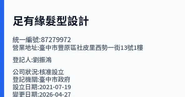 足有緣髮型設計的照片-統編 87279972(臺中市) 公司登記資料與營業項目詳細圖表