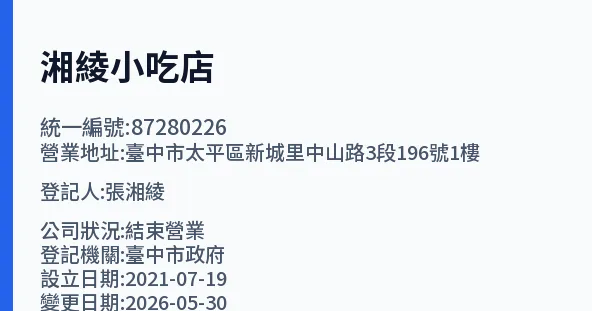 湘綾小吃店的照片-統編 87280226(臺中市) 公司登記資料與營業項目詳細圖表