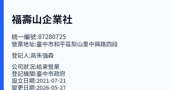 福壽山企業社的照片-統編 87280725(臺中市) 公司登記資料與營業項目詳細圖表