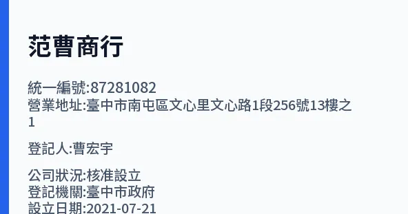 范曹商行的照片-統編 87281082(臺中市) 公司登記資料與營業項目詳細圖表
