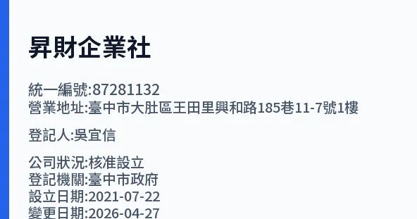 昇財企業社的照片-統編 87281132(臺中市) 公司登記資料與營業項目詳細圖表