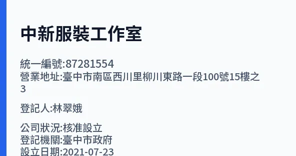 中新服裝工作室的照片-統編 87281554(臺中市) 公司登記資料與營業項目詳細圖表