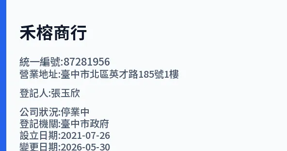 禾榕商行的照片-統編 87281956(臺中市) 公司登記資料與營業項目詳細圖表