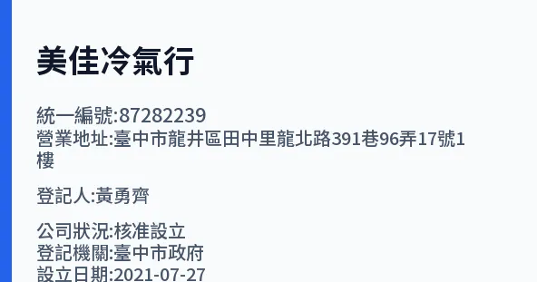 美佳冷氣行的照片-統編 87282239(臺中市) 公司登記資料與營業項目詳細圖表