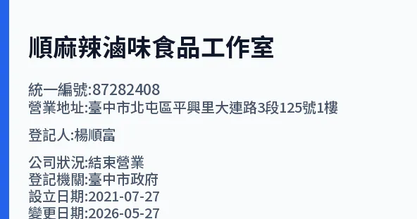 順麻辣滷味食品工作室的照片-統編 87282408(臺中市) 公司登記資料與營業項目詳細圖表