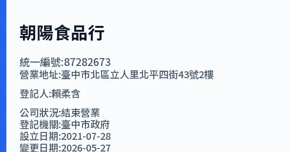 朝陽食品行的照片-統編 87282673(臺中市) 公司登記資料與營業項目詳細圖表