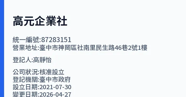 高元企業社的照片-統編 87283151(臺中市) 公司登記資料與營業項目詳細圖表