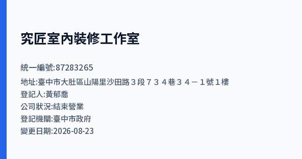 究匠室內裝修工作室的照片-統編 87283265(臺中市) 公司登記資料與營業項目詳細圖表