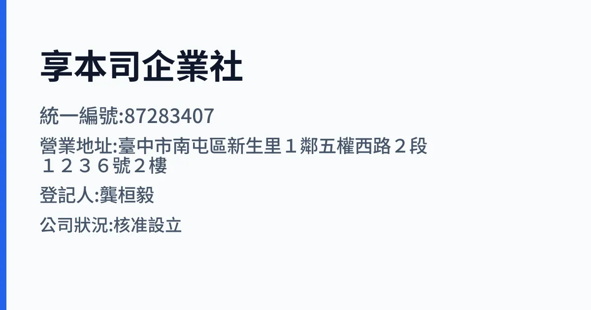 享本司企業社 - 統編 87283407(臺中市) 公司登記資料與營業項目詳細圖表