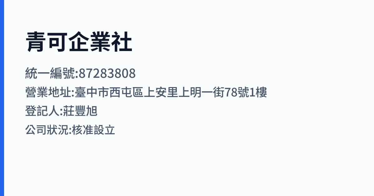 青可企業社 - 統編 87283808(臺中市) 公司登記資料與營業項目詳細圖表