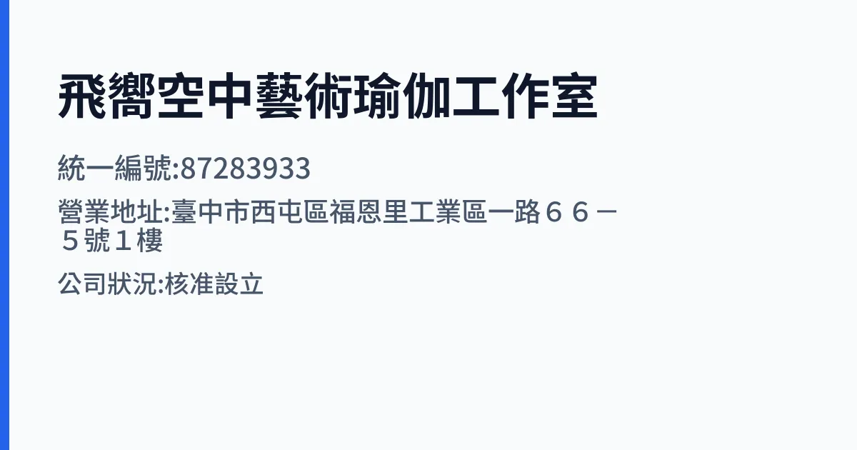 飛嚮空中藝術瑜伽工作室 - 統編 87283933(臺中市) 公司登記資料與營業項目詳細圖表