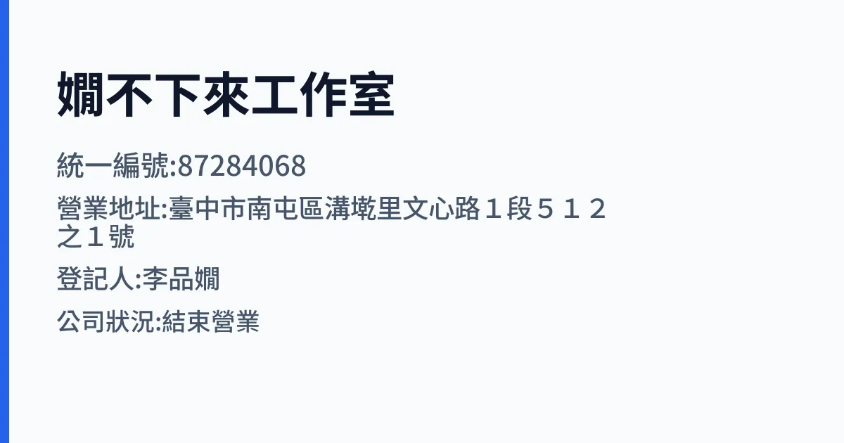 嫺不下來工作室 - 統編 87284068(臺中市) 公司登記資料與營業項目詳細圖表