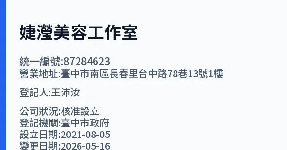 婕瀅美容工作室的照片-統編 87284623(臺中市) 公司登記資料與營業項目詳細圖表