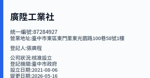 廣陞工業社的照片-統編 87284927(臺中市) 公司登記資料與營業項目詳細圖表