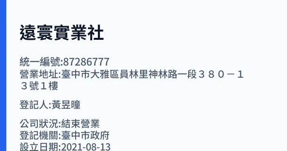 遠寰實業社的照片-統編 87286777(臺中市) 公司登記資料與營業項目詳細圖表
