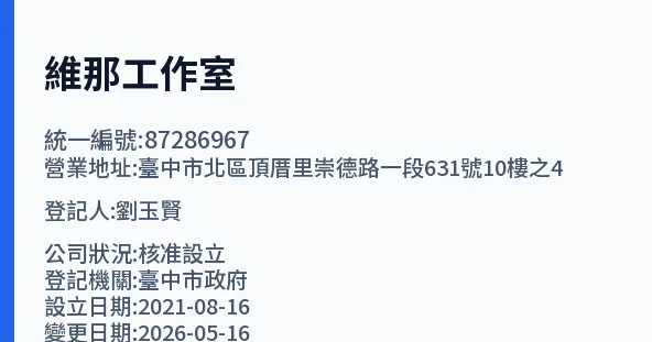 維那工作室的照片-統編 87286967(臺中市) 公司登記資料與營業項目詳細圖表