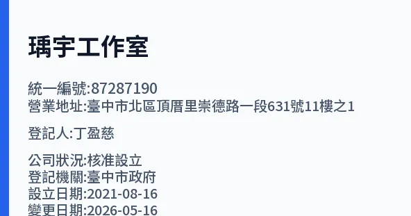 瑀宇工作室的照片-統編 87287190(臺中市) 公司登記資料與營業項目詳細圖表