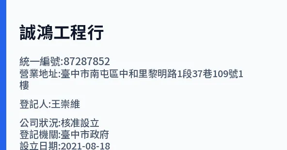 誠鴻工程行的照片-統編 87287852(臺中市) 公司登記資料與營業項目詳細圖表