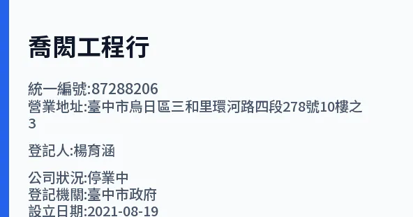 喬閎工程行的照片-統編 87288206(臺中市) 公司登記資料與營業項目詳細圖表