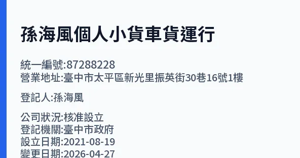 孫海風個人小貨車貨運行的照片-統編 87288228(臺中市) 公司登記資料與營業項目詳細圖表