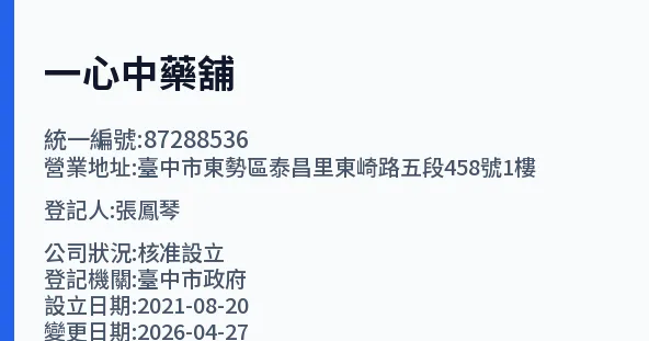一心中藥舖的照片-統編 87288536(臺中市) 公司登記資料與營業項目詳細圖表