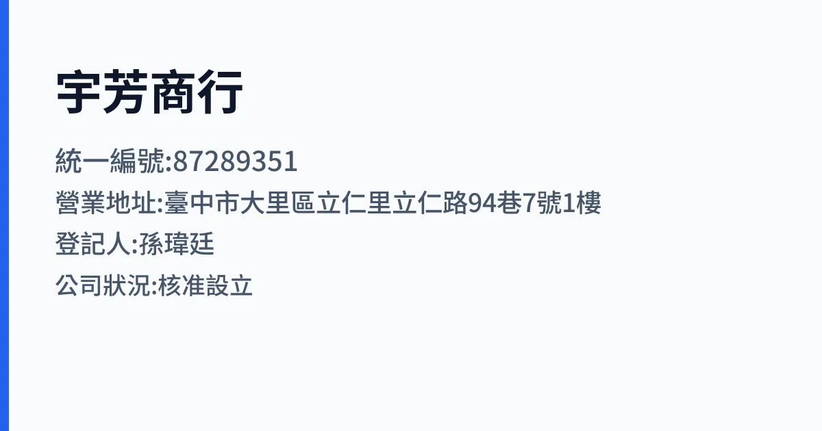 宇芳商行 - 統編 87289351(臺中市) 公司登記資料與營業項目詳細圖表
