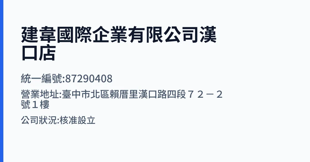 建韋國際企業有限公司漢口店 - 統編 87290408(臺中市) 公司登記資料與營業項目詳細圖表
