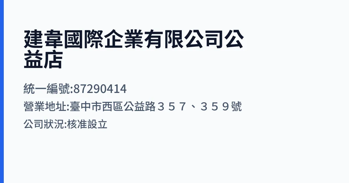 建韋國際企業有限公司公益店 - 統編 87290414(臺中市) 公司登記資料與營業項目詳細圖表