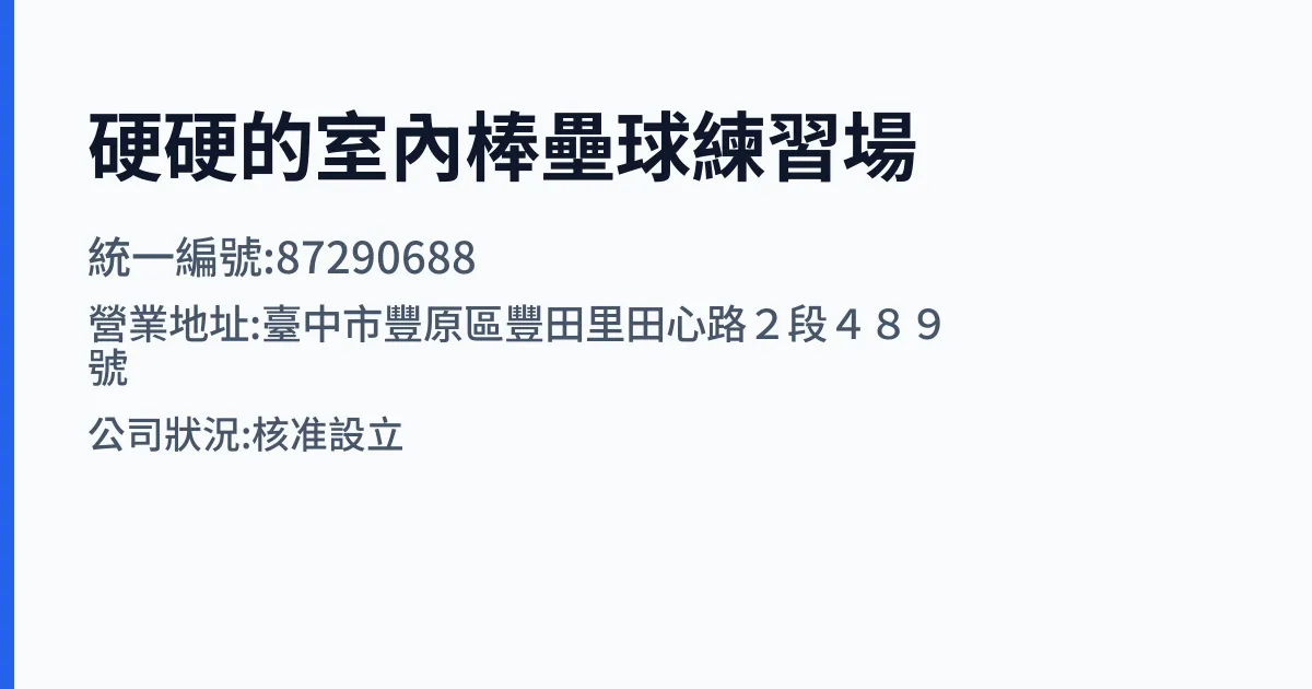 硬硬的室內棒壘球練習場 - 統編 87290688(臺中市) 公司登記資料與營業項目詳細圖表