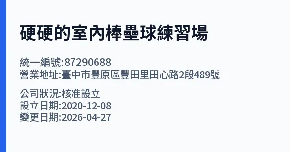 硬硬的室內棒壘球練習場的照片-統編 87290688(臺中市) 公司登記資料與營業項目詳細圖表