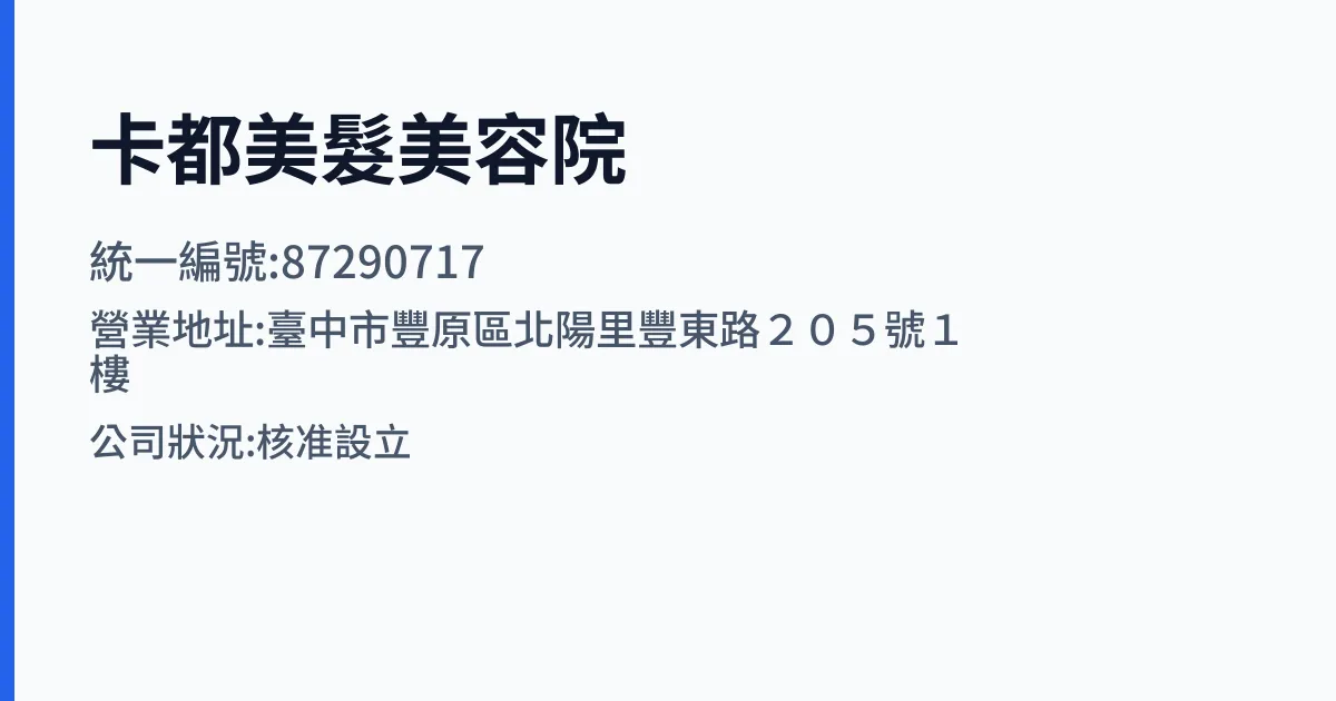 卡都美髮美容院 - 統編 87290717(臺中市) 公司登記資料與營業項目詳細圖表
