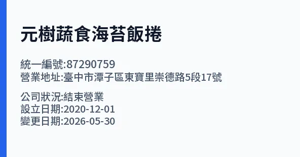元樹蔬食海苔飯捲的照片-統編 87290759(臺中市) 公司登記資料與營業項目詳細圖表