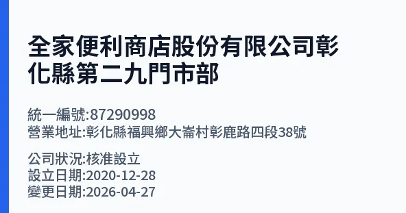 全家便利商店股份有限公司彰化縣第二九門市部的照片-統編 87290998(彰化縣) 公司登記資料與營業項目詳細圖表