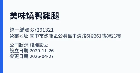 美味燒鴨雞腿的照片-統編 87291321(臺中市) 公司登記資料與營業項目詳細圖表