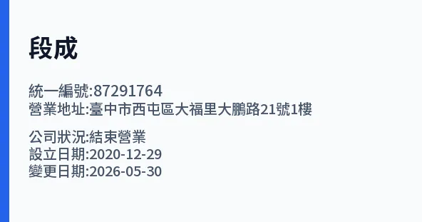 段成的照片-統編 87291764(臺中市) 公司登記資料與營業項目詳細圖表