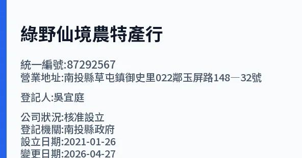 綠野仙境農特產行的照片-統編 87292567(南投縣) 公司登記資料與營業項目詳細圖表