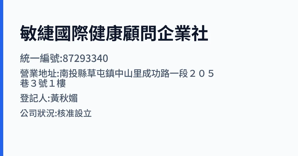 敏緁國際健康顧問企業社 - 統編 87293340(南投縣) 公司登記資料與營業項目詳細圖表